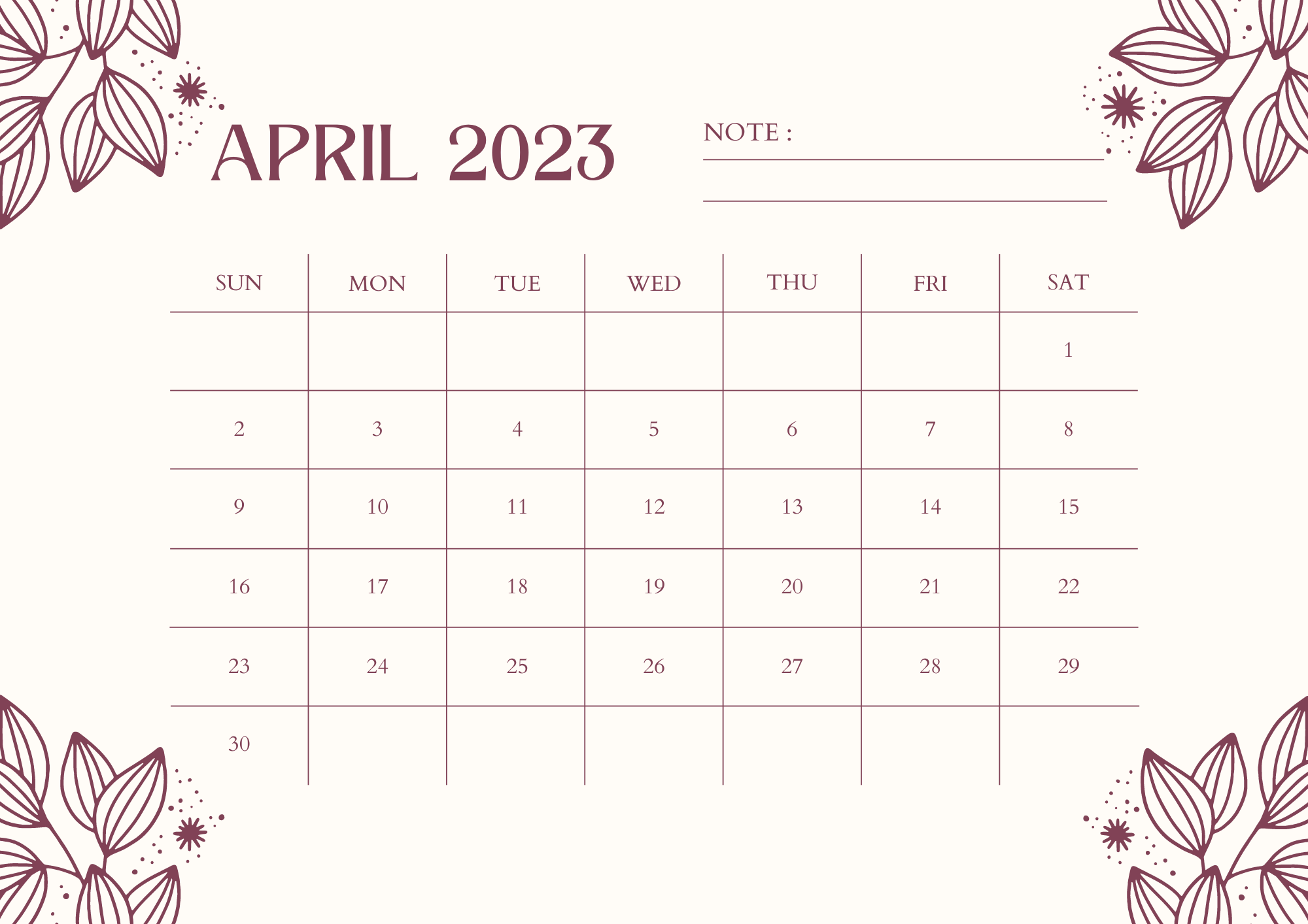 20 April 2023 Printable Calendars - Printaboles