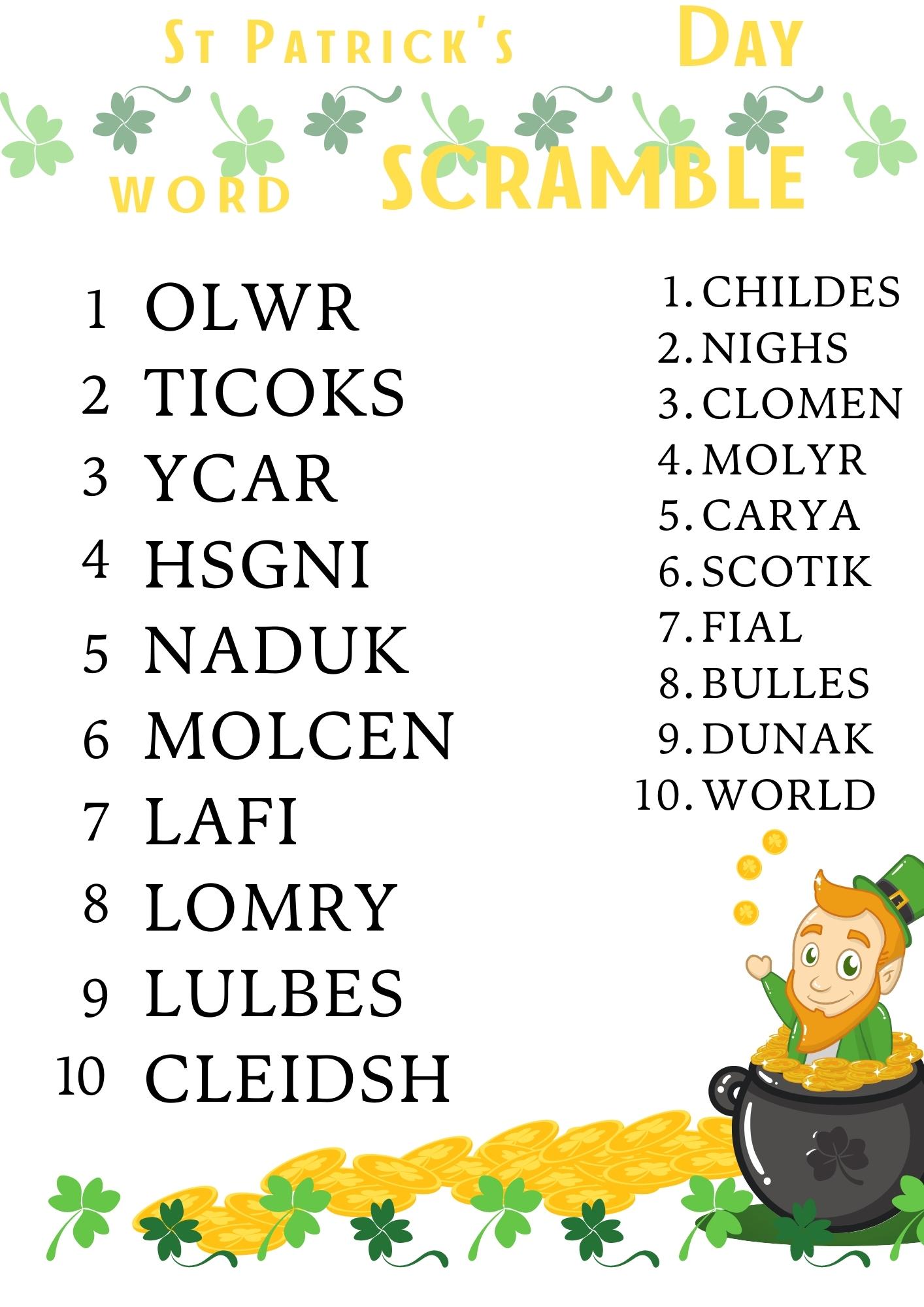40 Free Printable St. Patrick's Day Word Scrambles - Printaboles