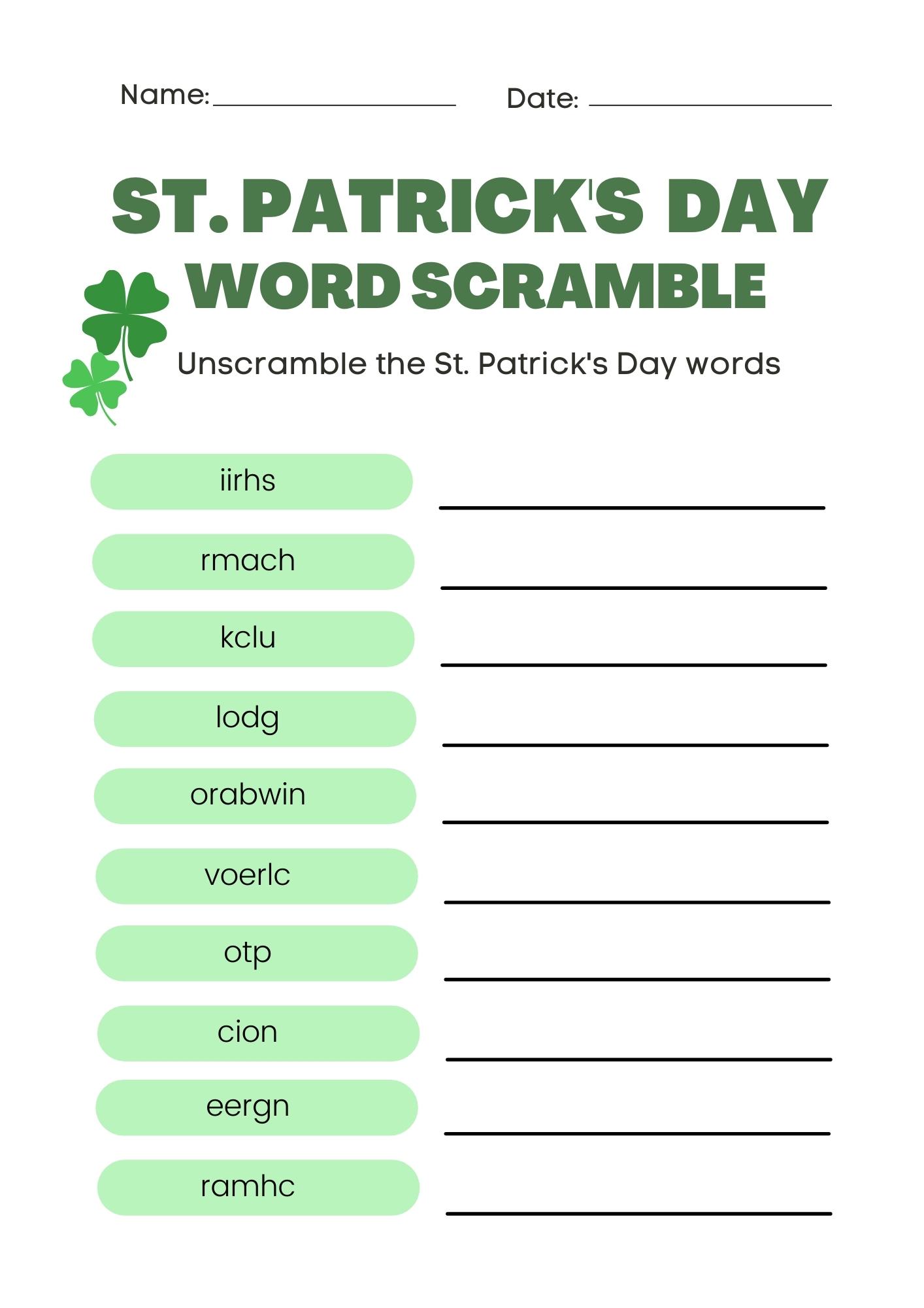 40 Free Printable St. Patrick's Day Word Scrambles - Printaboles