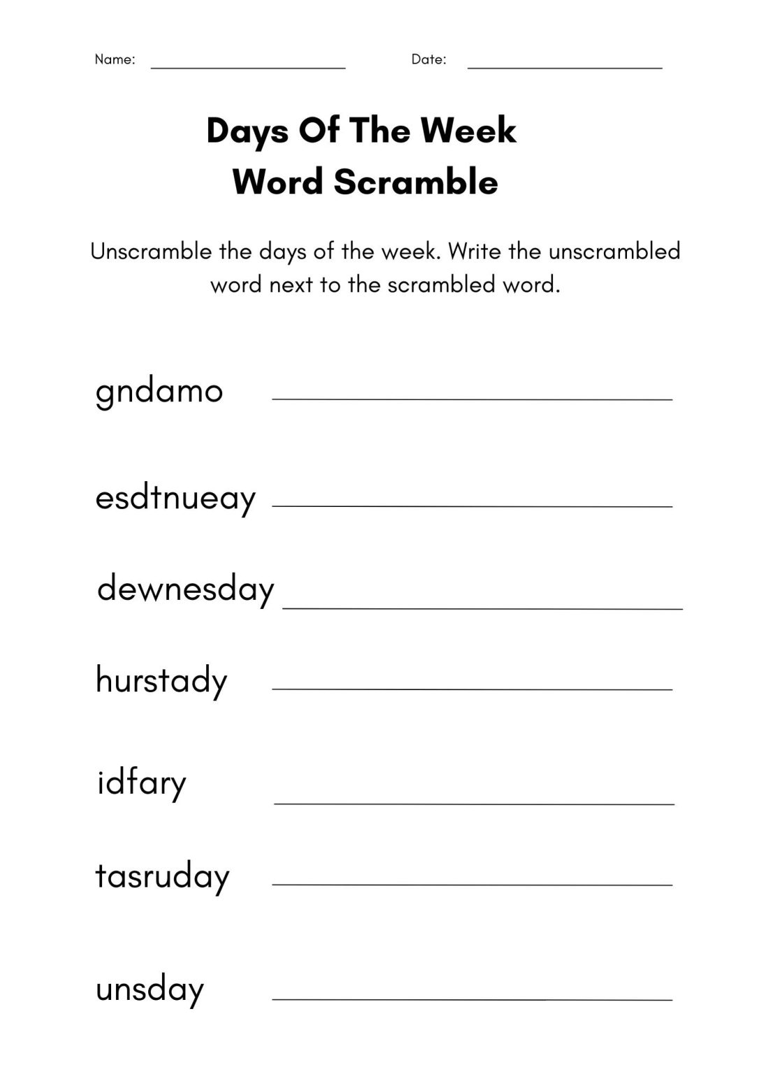 40 Free Days Of The Week Worksheets And Printables - Printaboles