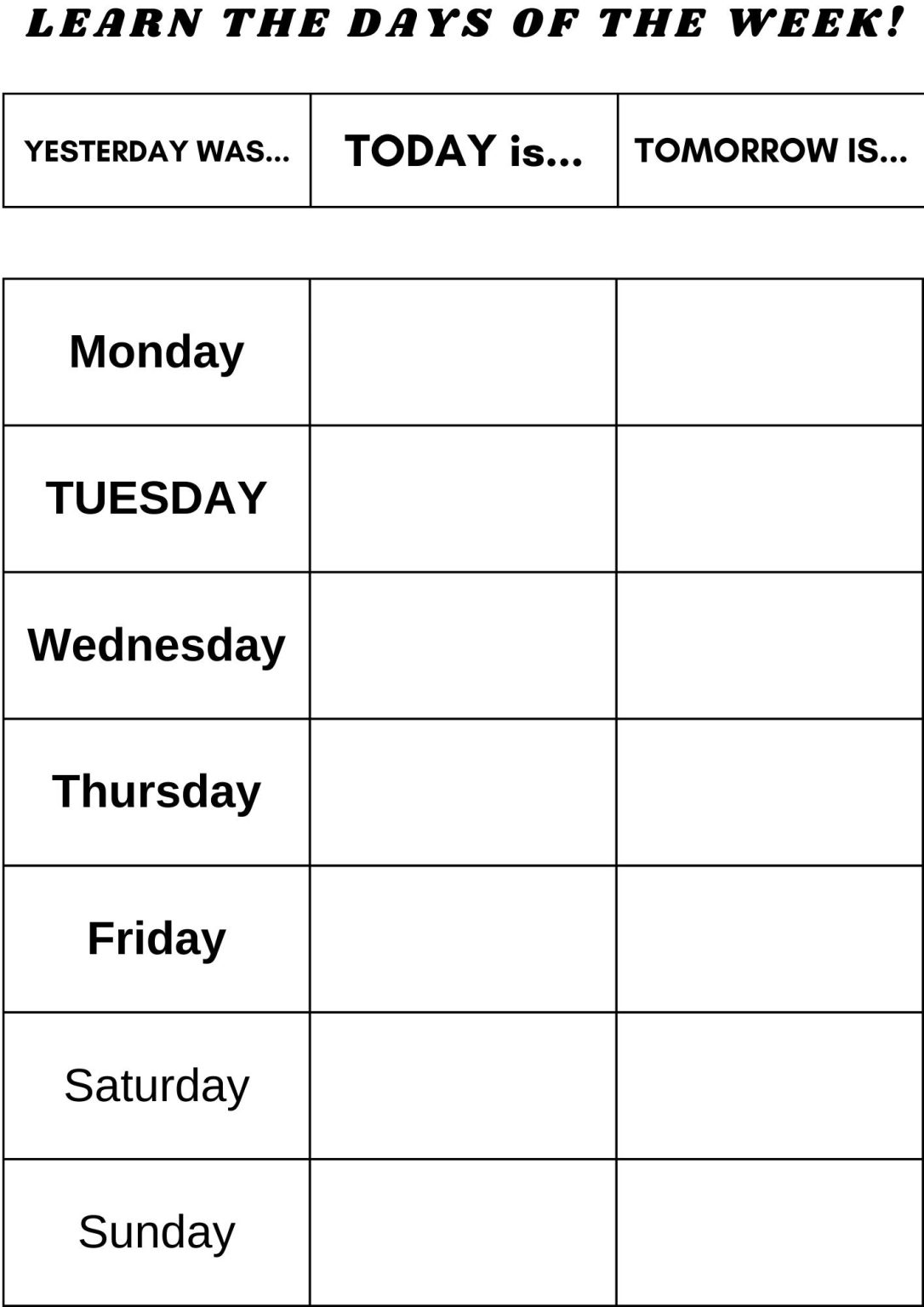 40 Free Days Of The Week Worksheets And Printables - Printaboles