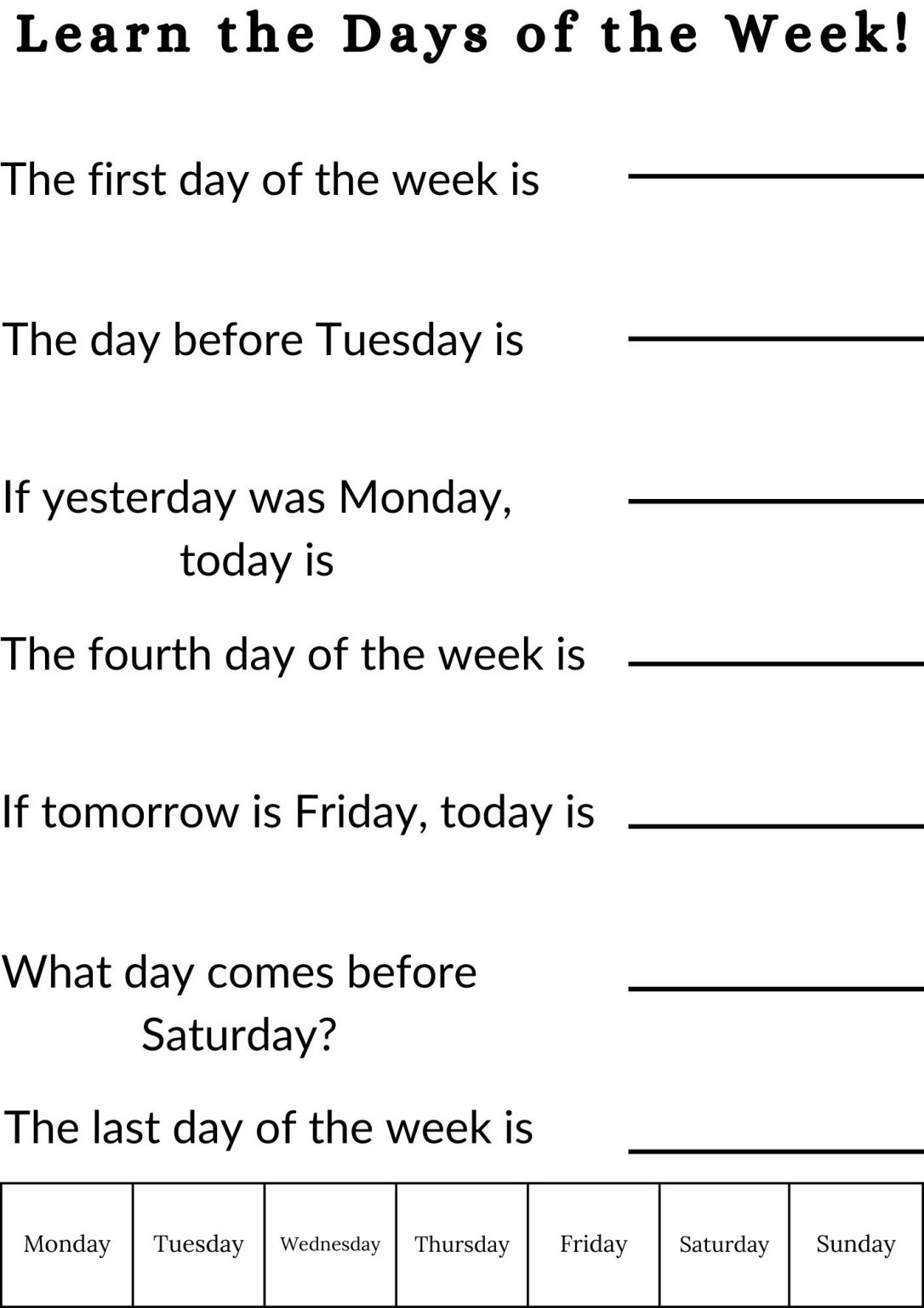 40 Free Days Of The Week Worksheets And Printables - Printaboles