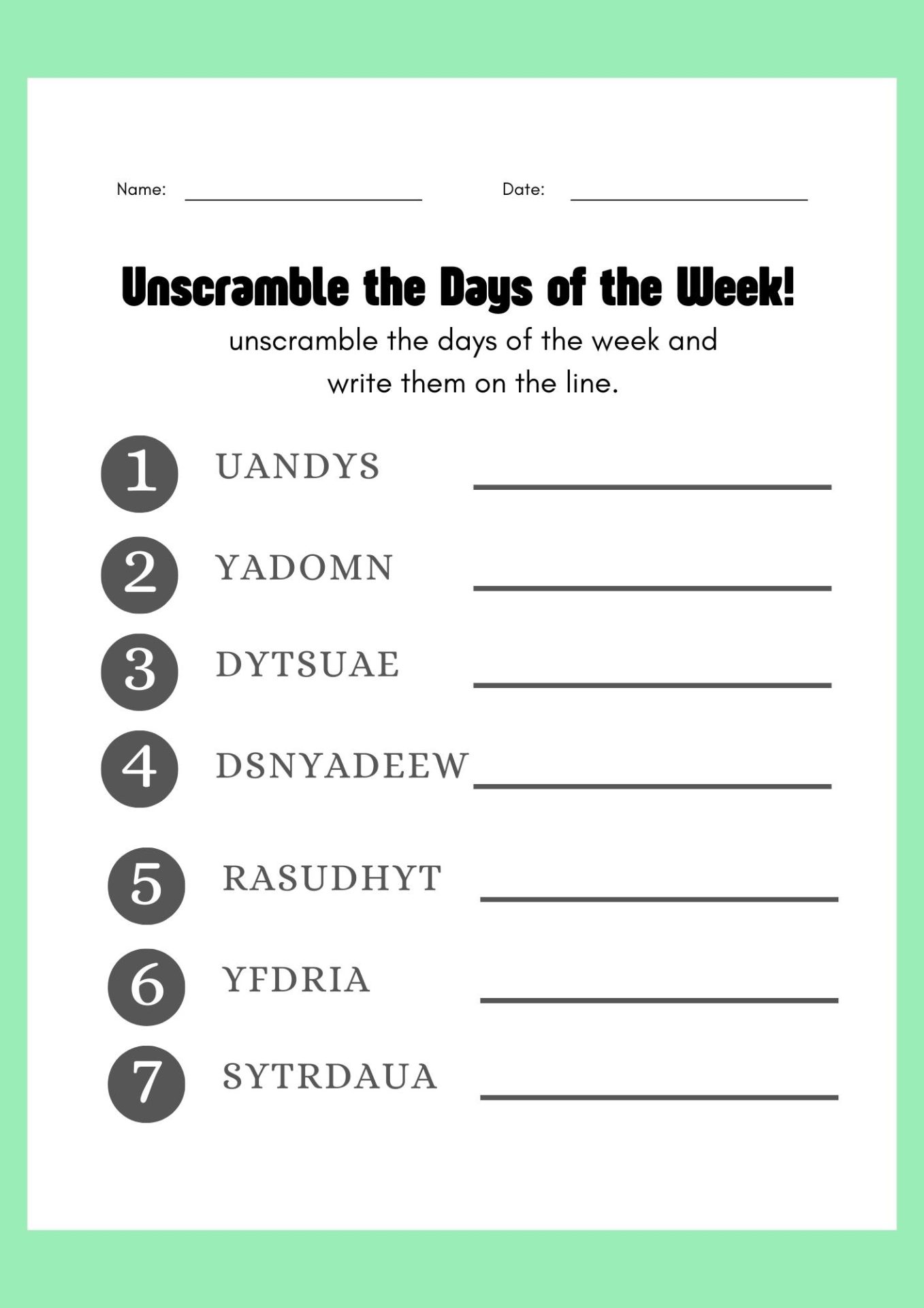 40 Free Days Of The Week Worksheets And Printables - Printaboles