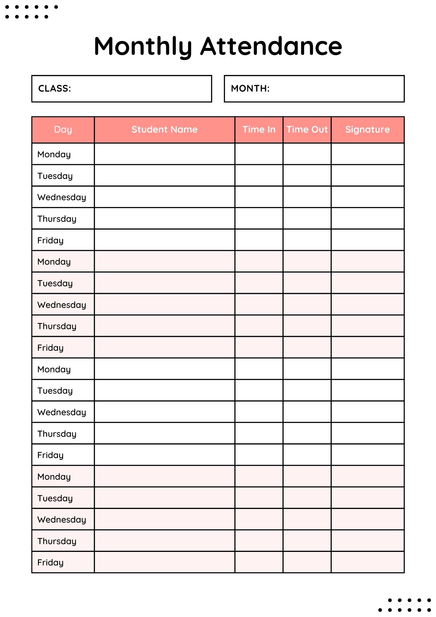 40 Free Printable Attendance Sheets - Printaboles