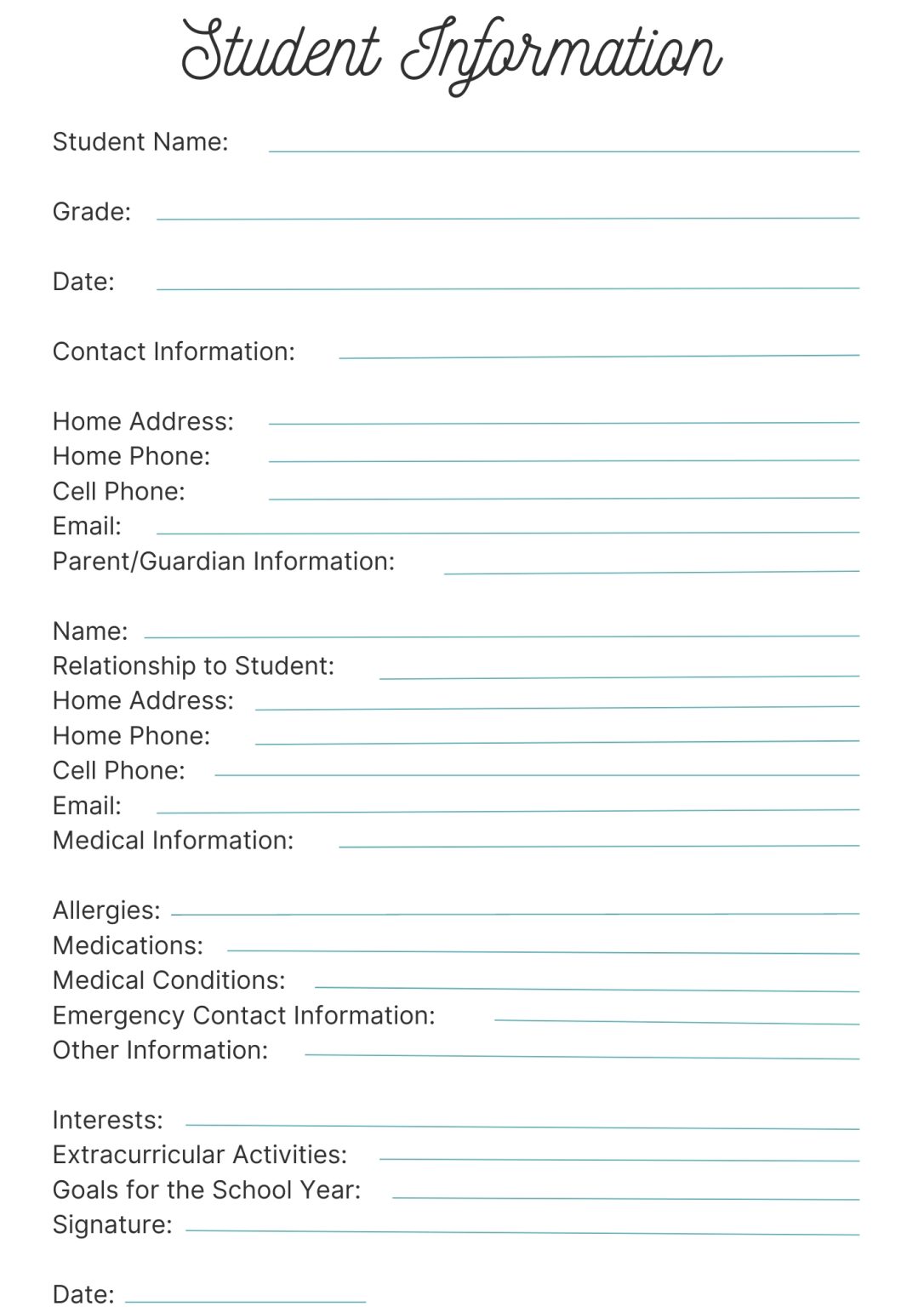 40 Free Printable Student Information Sheets - Printaboles