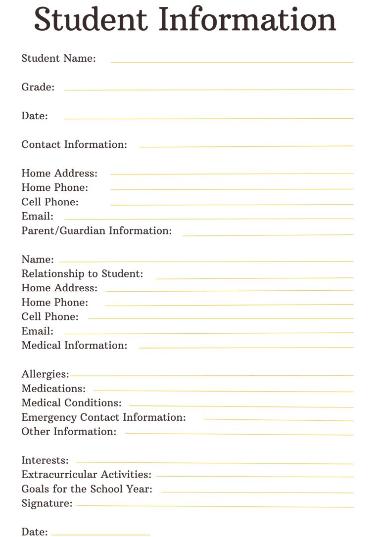 40 Free Printable Student Information Sheets - Printaboles