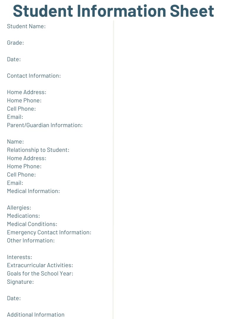 40 Free Printable Student Information Sheets - Printaboles