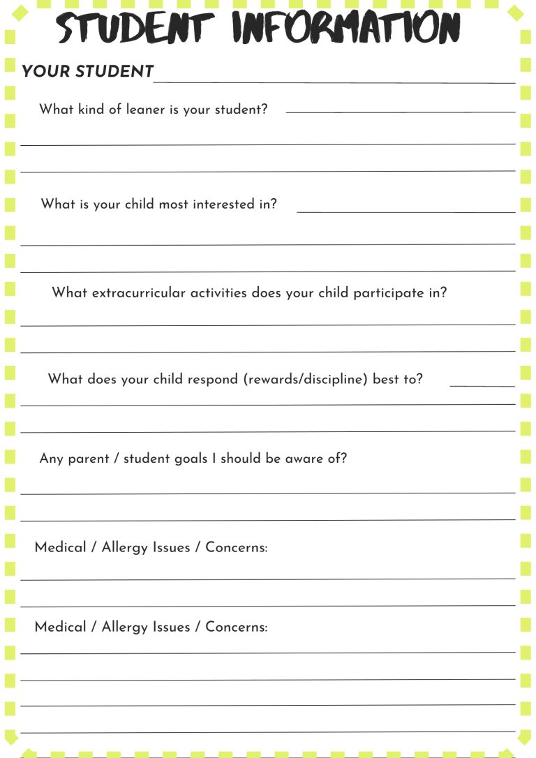 40 Free Printable Student Information Sheets - Printaboles