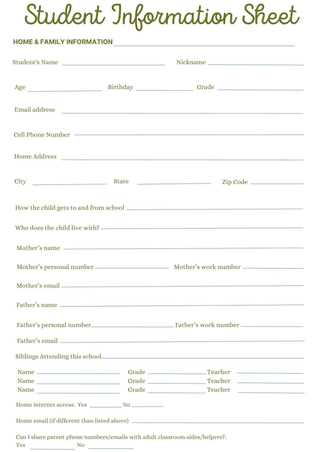 40 Free Printable Student Information Sheets - Printaboles