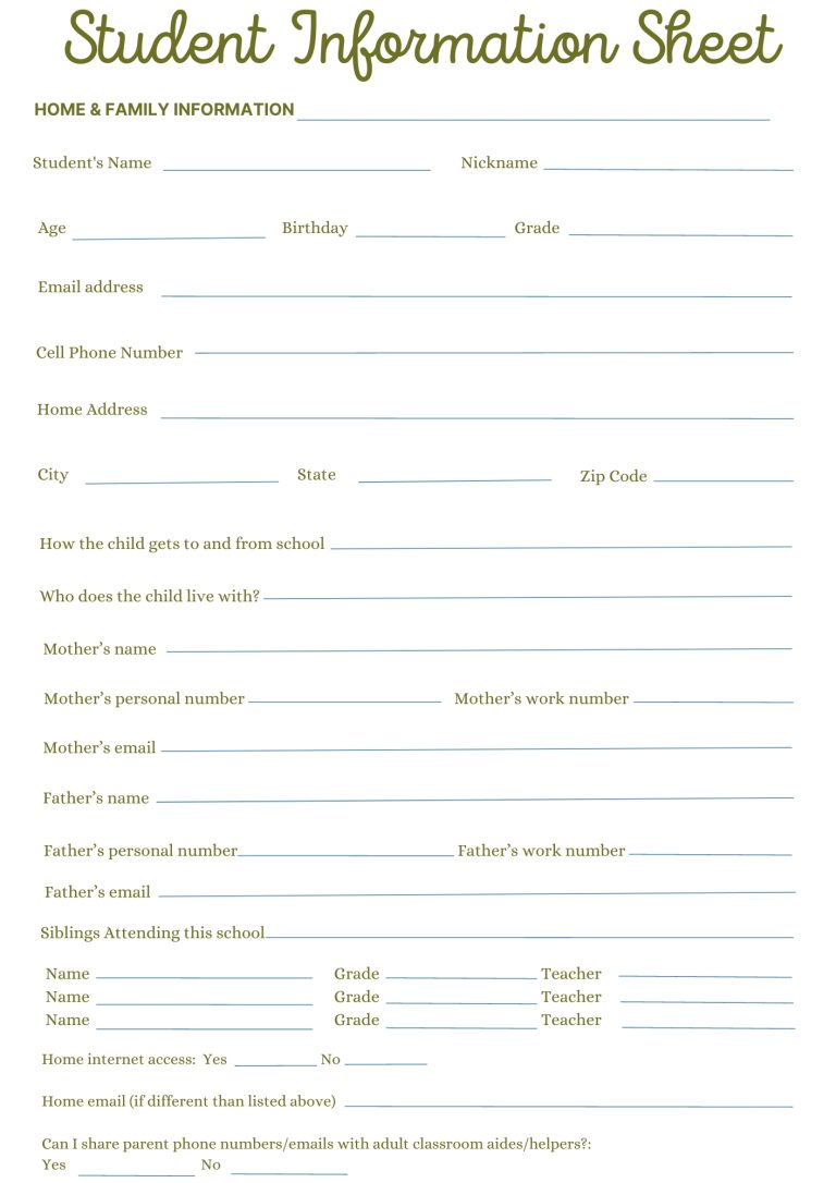 40 Free Printable Student Information Sheets - Printaboles