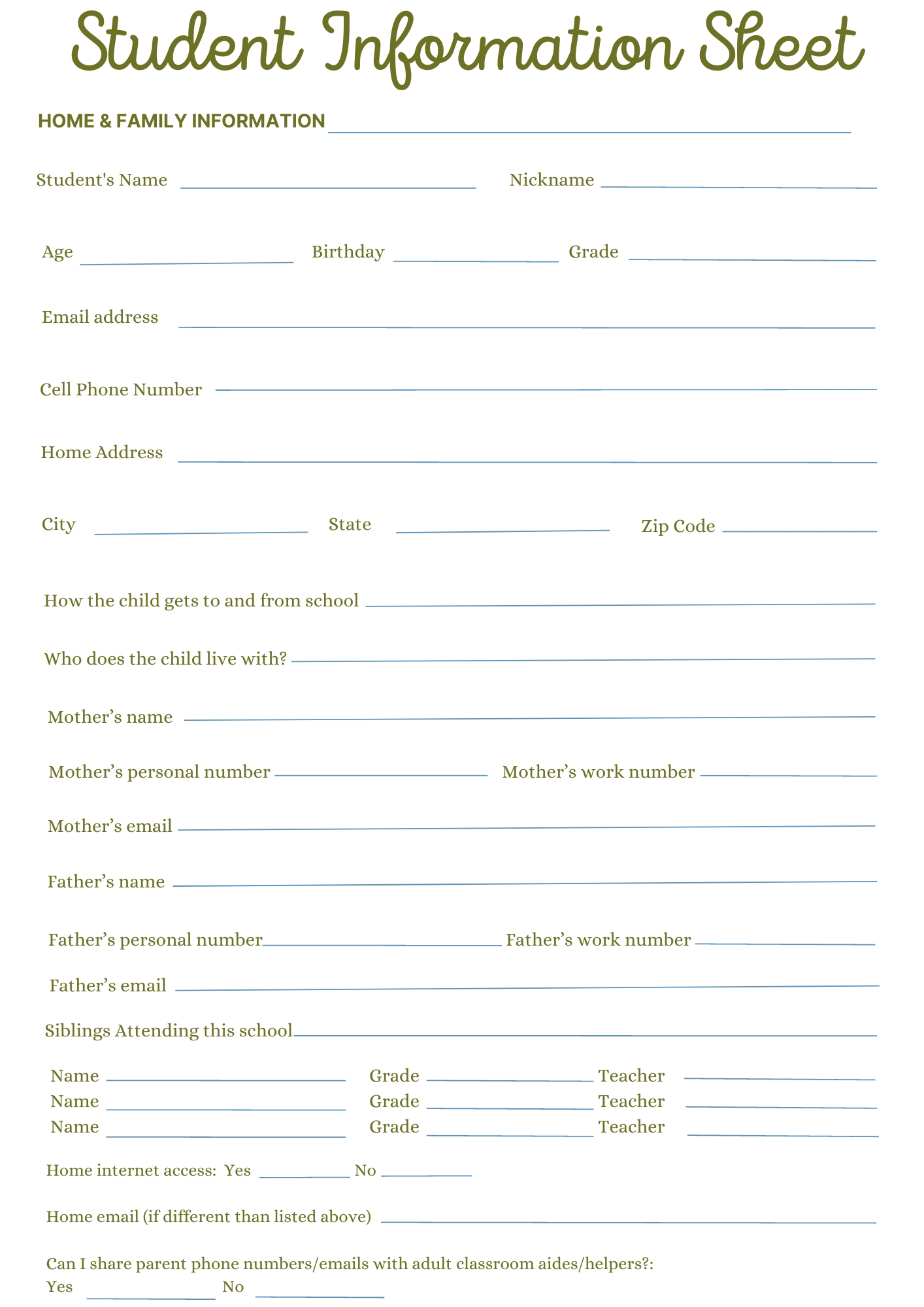 40 Free Printable Student Information Sheets - Printaboles