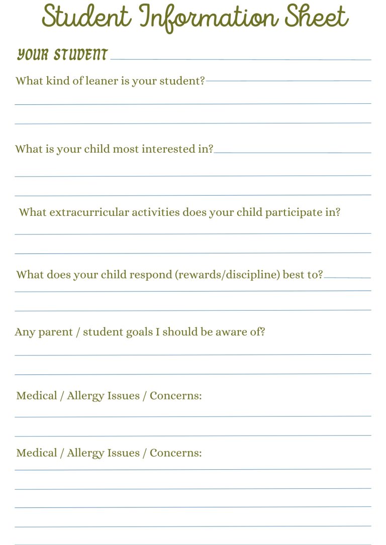 40 Free Printable Student Information Sheets - Printaboles